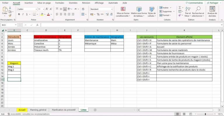 Tableau de bord de la maintenance préventive sur Excel