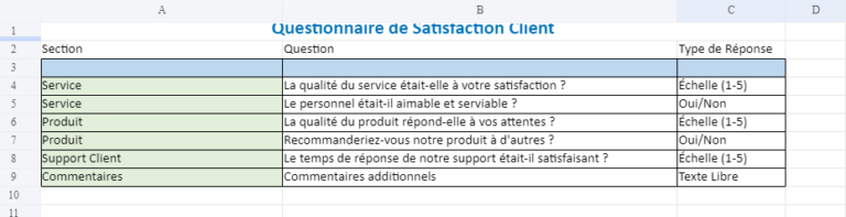Modèle questionnaire de satisfaction client sur Excel