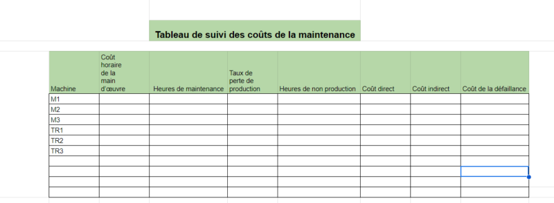 Tableau de suivi des coûts de maintenance sur Excel