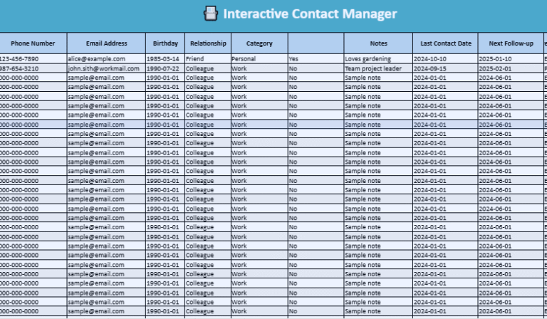 Interactive Contact Manager in Excel – Stay Organized, Always