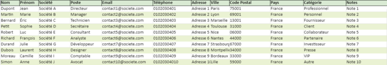 Modèle de Fichier Excel pour Gérer les Contacts