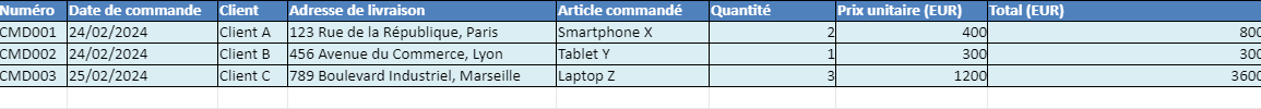Modèle de formulaire de commandes dans Excel