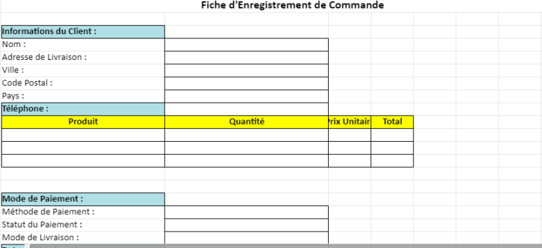 Fiche d'enregistrement de commande : Modèle téléchargeable