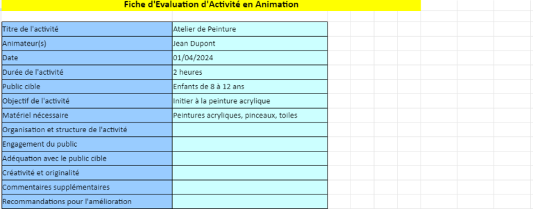 Rédiger une fiche d'activité en animation + Modèle Excel