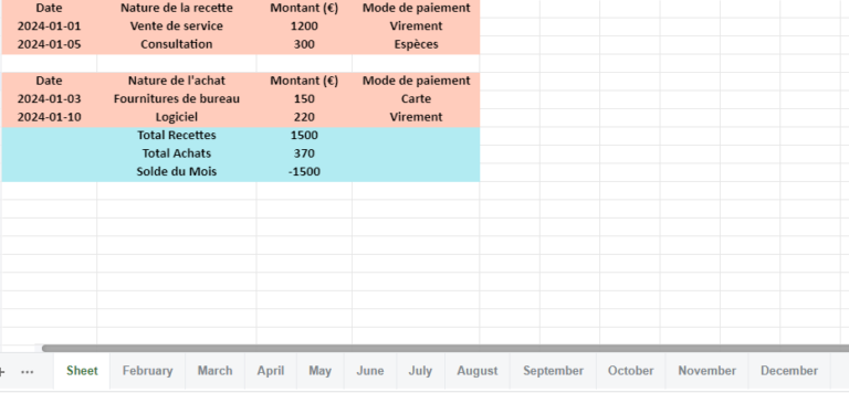Registre de recettes et achats pour l'auto-entrepreneur : Excel