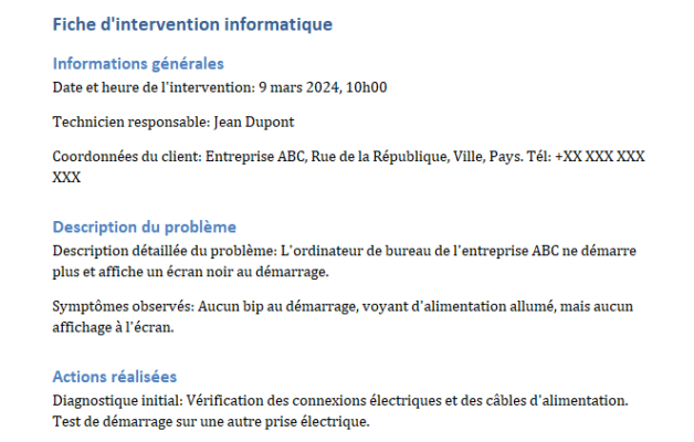 Fiche d'intervention informatique : Modèle Word