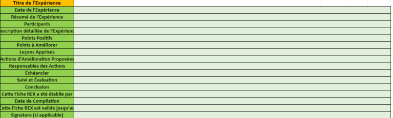 La Fiche REX - Retour d'Expérience : Template Excel