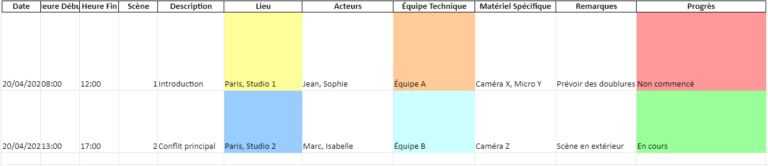 Modèle de Planning de Tournage dans Excel