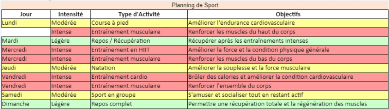 Planning Sportif : Modèle Vierge dans Excel
