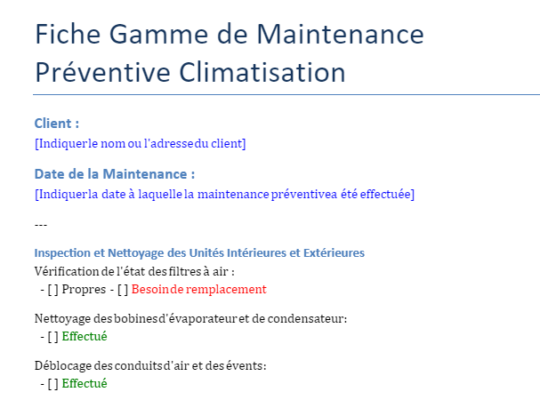 Gamme de Maintenance Préventive Climatisation : Modèle