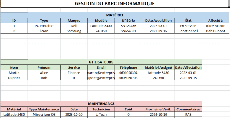 Modèle de Fichier Inventaire Parc Informatique dans Excel