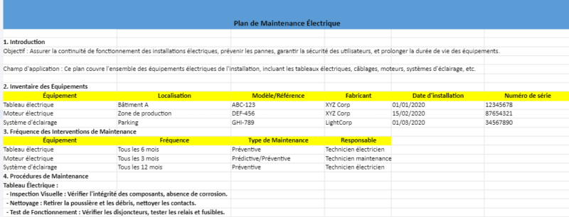 Modèle de Plan de Maintenance Électrique dans Excel