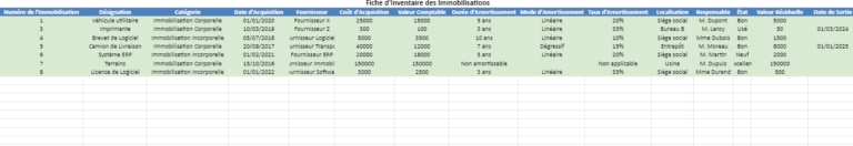 Modèle de Fiche d'Inventaire des Immobilisations dans Excel