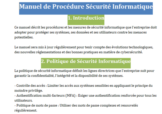 Manuel de Procédure de Sécurité Informatique dans Word + Plan