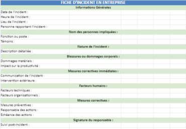 Modèle Fiche d’Incident en Entreprise dans Excel