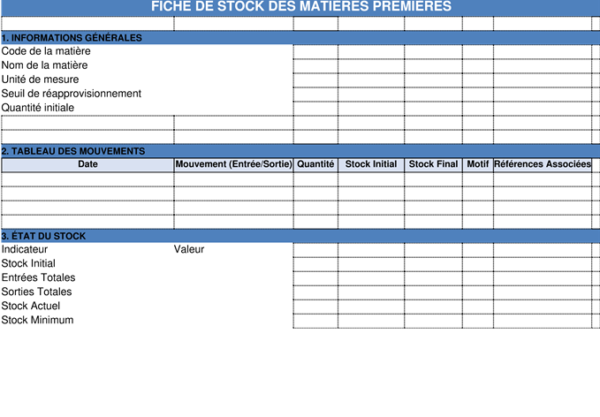 Fiche de Stock pour Matières Premières : Template Imprimable