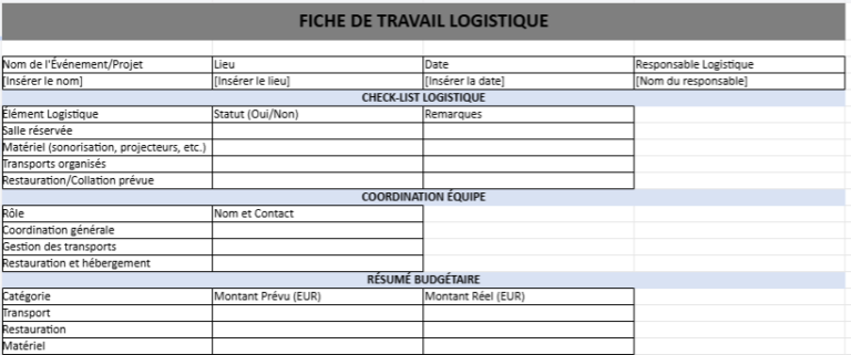 Fiche de Travail Logistique Word et Excel ( Imprimer et Automatisé)