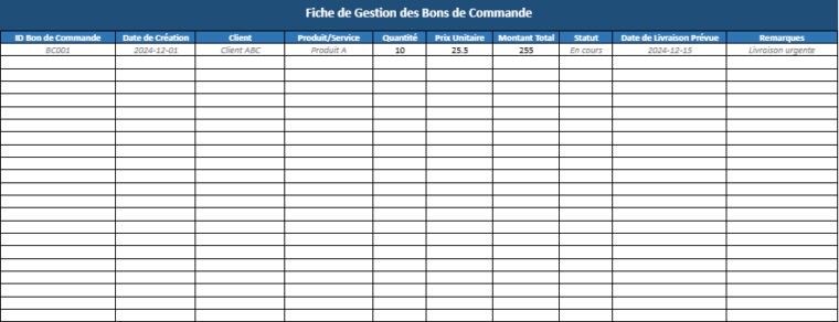 Fiche de Gestion des Bons de Commande Vierge