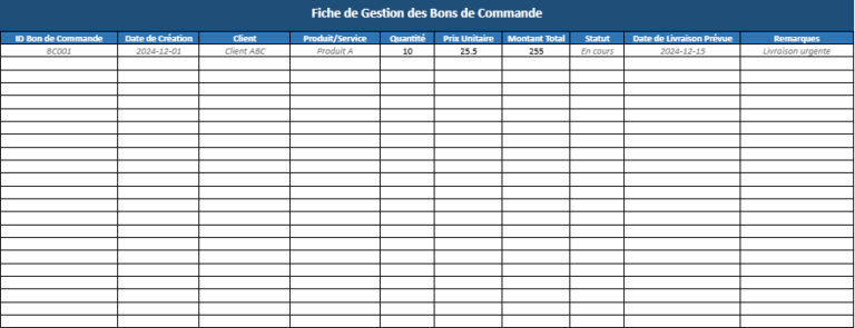Fiche de Gestion des Bons de Commande Vierge