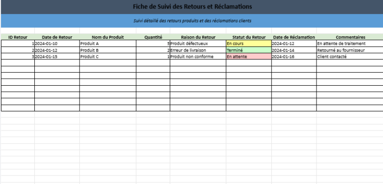 Fiche de Suivi des Retours et Réclamations : Template Excel