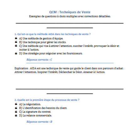 Exemples de QCM Corrigés : Techniques de Vente