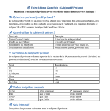 15 Exercices Corrigés Subjonctif Présent + Fiche Mémento