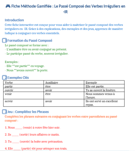 10 Exercices Corrigés Le Passé Composé des Verbes Irréguliers