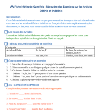 30 Exercices Corrigés : Articles Définis et Indéfinis