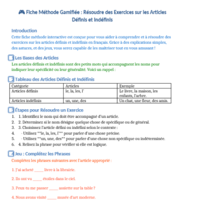 30 Exercices Corrigés : Articles Définis et Indéfinis