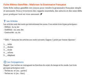Grammaire Française Amusante : Défis Fiche Mémento
