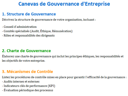Gouvernance d’Entreprise : Canevas Word pour sa Mise en Œuvre