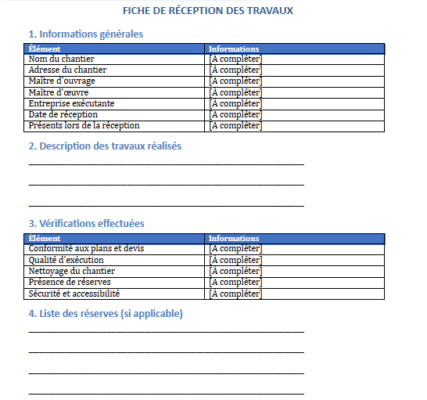 La fiche de réception des travaux : Modèle Word