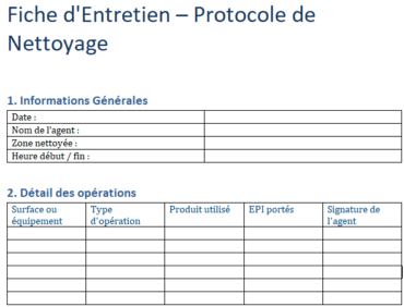 Fiche d’Entretien – Protocole de Nettoyage : Modèle Word