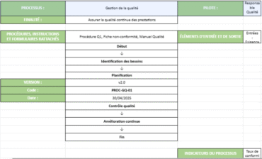 Fiche de Processus ISO 9001 : Modèle Excel