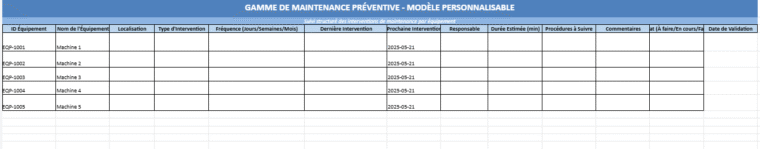 Modèle Excel – Gamme de Maintenance Préventive