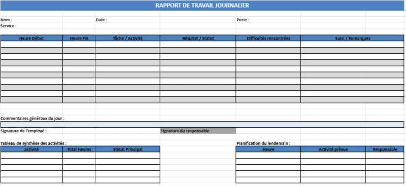 Modèle rapport de travail journalier dans Excel