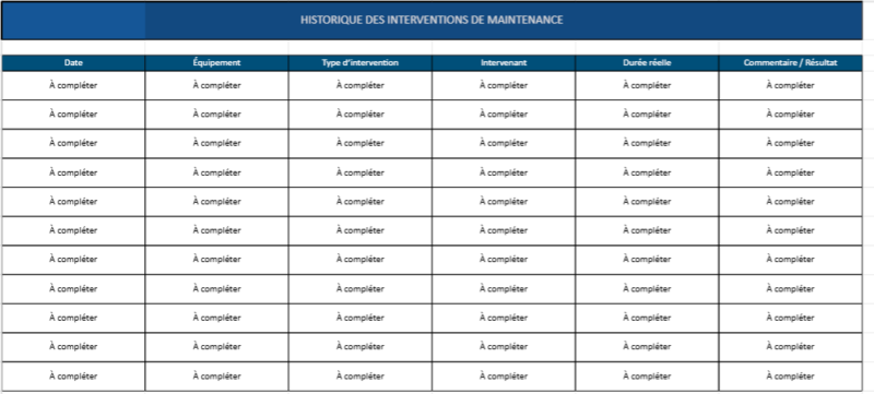 Modèle Excel – Gamme de Maintenance Préventive