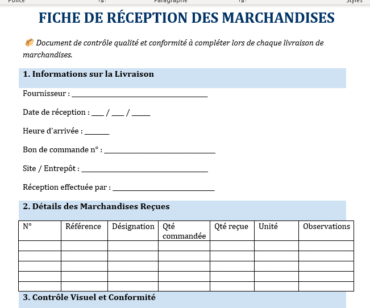 Fiche de réception des marchandises : modèle Word