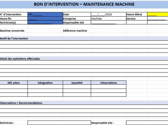 Bon d’Intervention Machine Maintenance : Modèle Word / Excel