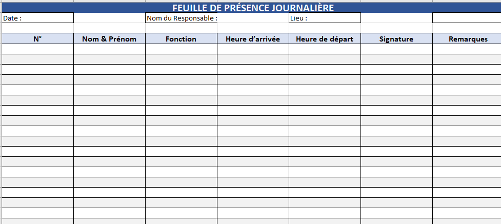Modèle Feuille de Présence Journalière Excel et Word