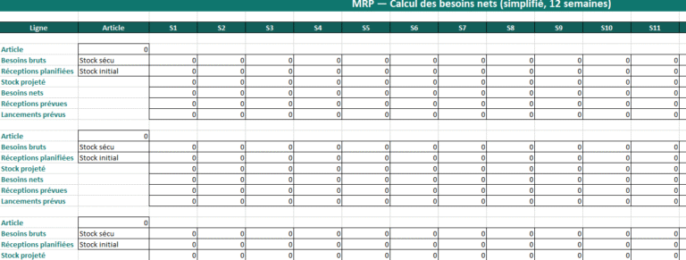 Modèle Excel vierge - MPS/MRP et stocks avec sobriété