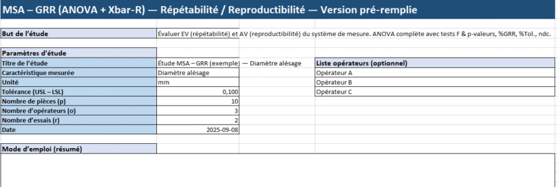 MSA – GRR (ANOVA) expliqué simplement : Modèle Excel