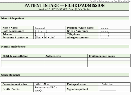 Fiche patient - D’ADMISSION- PATIENT INTAKE sur Word et Excel