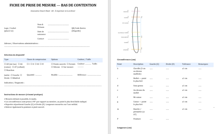 Fiche de prise de mesure bas de contention prêt à imprimer
