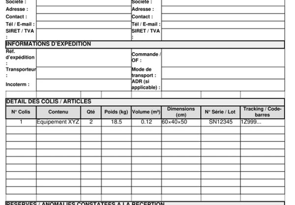 Liste de colisage (Packing List) : Modèles à Imprimer