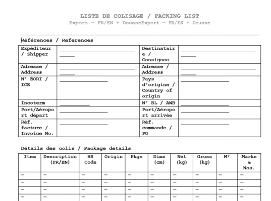 Liste de colisage (Packing List) : Modèles à Imprimer