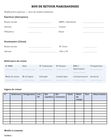 Bon de retour marchandises & bordereau de retour transport
