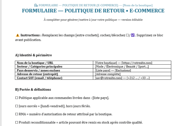 Formulaire RMA client — demande de retour dans Word