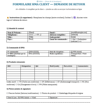 Formulaire RMA client — demande de retour dans Word