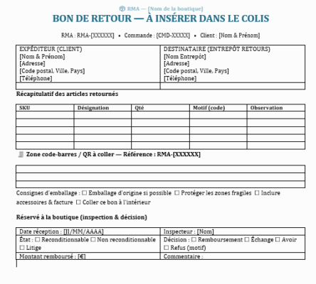 Formulaire RMA client — demande de retour dans Word